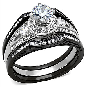 Marimor Jewelry 2.15 Carat Halo Round Cubic Zirconia Black Stainless Steel Wedding Ring Set Women's Size 9