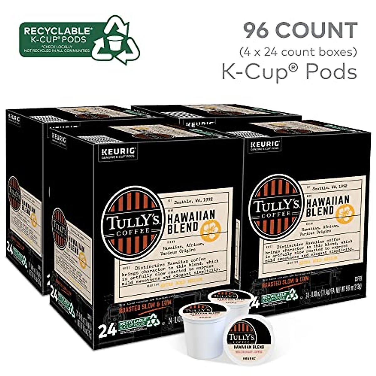 Tully's Coffee Hawaiian Blend Keurig Single-Serve K-Cup Pods, Medium Roast Coffee, 96 Count (4 Packs of 24)