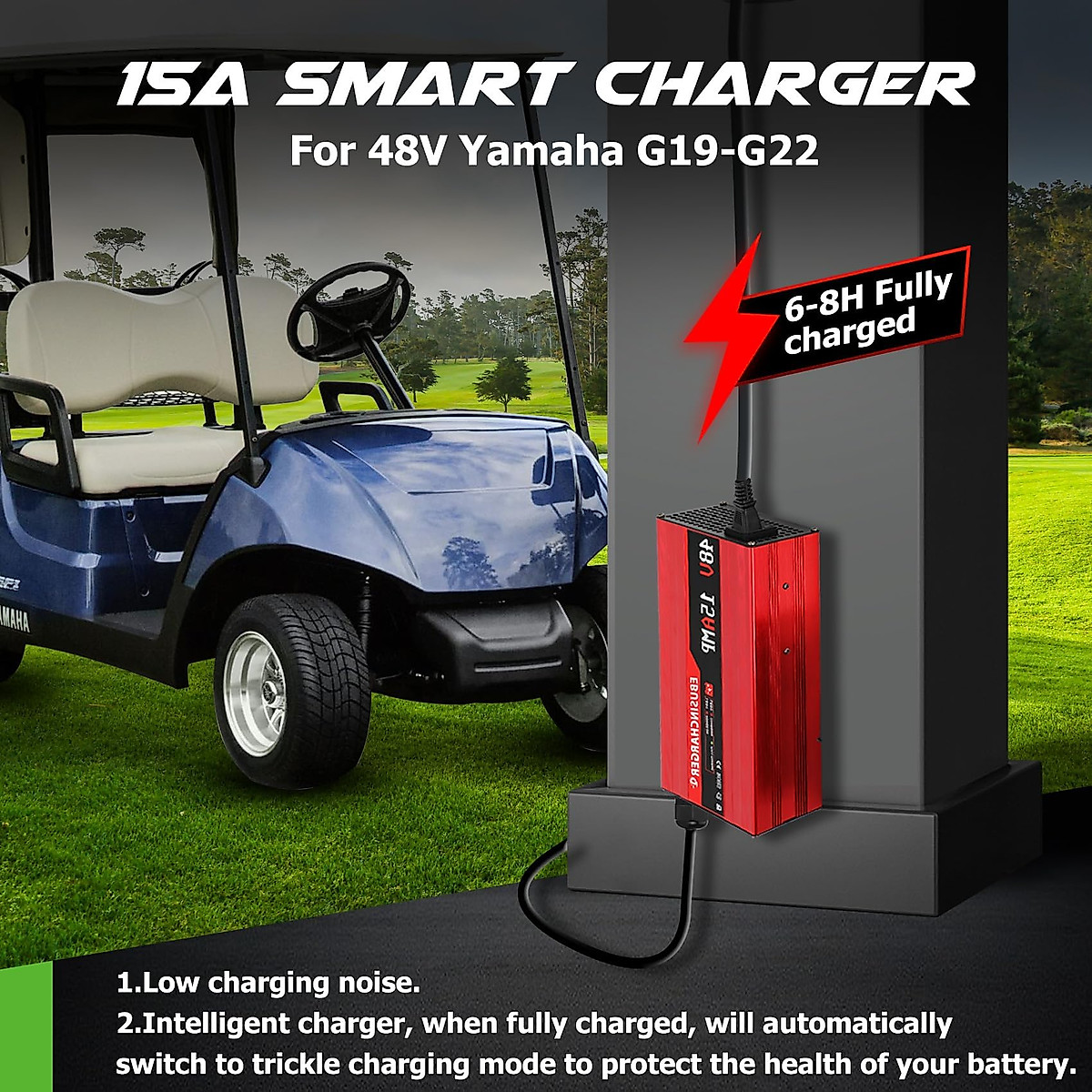 48 Volt Golf Cart Battery Charger Compatible with Yamaha G19-22 Models-with 2-pin 2round-Hole Plug.15 Amp Smart Charger with Trickle Charge, 6-8 Hours Full Charge.