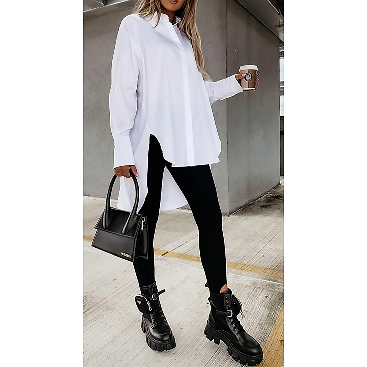 Mayntop Women Cotton Hi-Low Irregular Button-Down Collar Dipped Hem Long Sleeve Loose Shirt Solid Color Plain Business Casual Oversized Side Slit Top BFF Baggy Blouse A White S