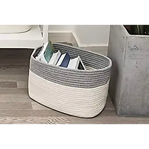 RoomForLife - Oval Cotton Rope Basket - 18 Inch Diameter - Gray/White Color - Open Top Storage