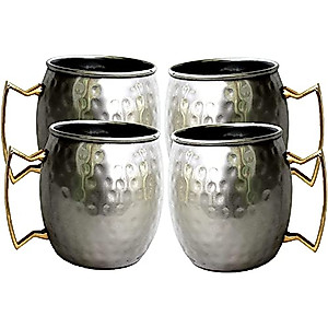 PARIJAT HANDICRAFT Set of 4 Stainless Steel Moscow Mule Mugs(Brass-Handle)