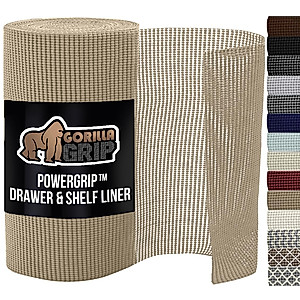 Gorilla Grip Drawer and Shelf Liner, Strong Grip, Non Adhesive Easiest Install Mat, 12 in x 20 FT, Durable Organization Liners, Kitchen Cabinets Drawers Cupboards, Bathroom Storage Shelves, Beige