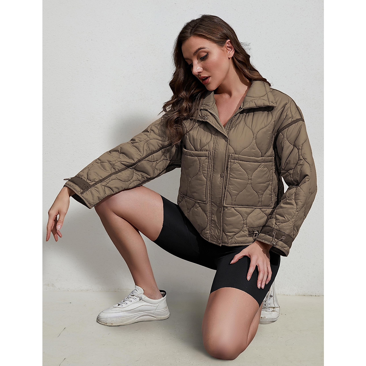 Seetaa Quilted Puffer Jacket Womens Stand Collar Full-Zip Outerwear Puffy Coats Jacket with Pockets(Brown-XL)