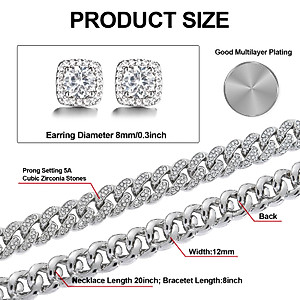 Mens Chains Diamond Cuban Link Chain Necklace Bracelets Set for Men Women Bling Bling Hip Hop Jewelry (Silver 20IN)