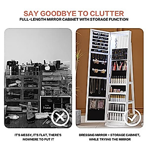 Lvifur 360° Rotating Jewelry Armoire 6 LEDS, Full Length Mirror Large Capacity Jewelry Organizer Armoire, Lockable Floor Standing Mirror for Bedroom, Cloakroom