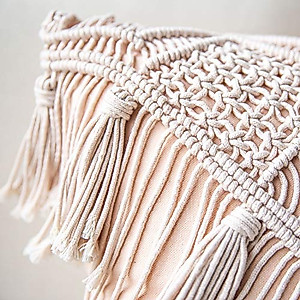 Phantoscope 100% Cotton Handmade Crochet Woven Boho Throw Pillow Farmhouse Pillow Insert Included Decorative Cushion for Couch Sofa Pink 18 x 18 inches