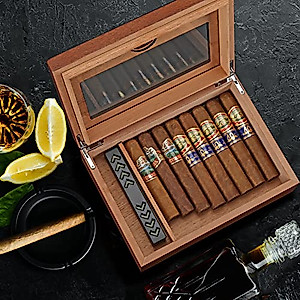 TISFA Cigar Humidor, Glass Top Cigar Box with Hygrometer Humidifier and Divider, Desktop Cedar Wood Storage Case Holds 20-30 Cigars