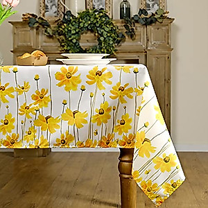 GEEORY Floral Tablecloth 60*84 Inch Rectangle Yellow Bee Tablecloths Spring Summer Table Cloth Indoor/Outdoor Seasonal Table Cover for Easter Home Kitchen Dining Parties