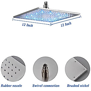 Zovajonia Brushed Nickel LED 12 Inch Shower Head Color Changing Brass Showerhead Square Rainfall Top Sprayer