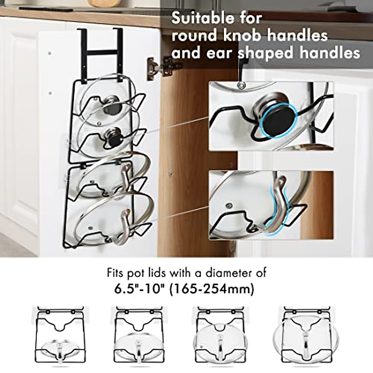 KES Pot Lid Organizer with Towel Rack for Cabinet Door, Lid Rack Holder for Pot Lids Storage Kitchen No Drill Metal Matte Black, KUR524-BK