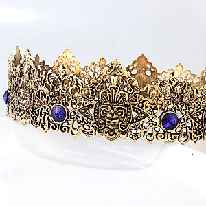 King Men Tiara Crown Imperial Medieval Headband Crystal Pageant Costumes For Birthday Party Prom Halloween Hair Accessories (Dark Gold With Blue Stone)