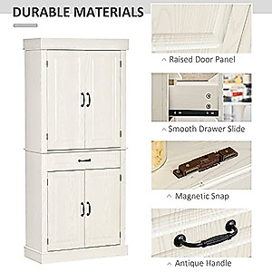 HOMCOM 71" Freestanding Kitchen Pantry with 4 Doors, and 2 Large Cabinets, Tall Storage Cabinet with Wide Drawer for Kitchen Dining Room, White