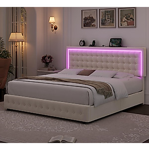 HIFIT Upholstered Full Size LED Bed Frame with Charging Station and 4 Large Storage Drawer, Velvet Button Tufted Full Platform Bed with Adjustable Headboard, No Box Spring Needed, Easy Assembly, Beige