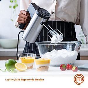MasterChef Hand Mixer Electric, Handheld Egg Beater with Whisk Attachments and Dough Hooks, Stainless Steel Cake Accessories for Baking, Whipping Machine with Dishwasher Safe Parts, 6 Speed Settings