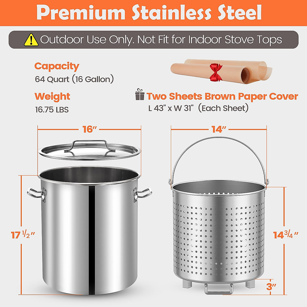 ARC 64-Quart Stainless Steel Seafood Boil Pot with Basket and Two Brown Paper, Crawfish, Crab, Lobster, Shrimp Boil Stock Pot with Strainer, Turkey Fryer Pot, 16 Gallon