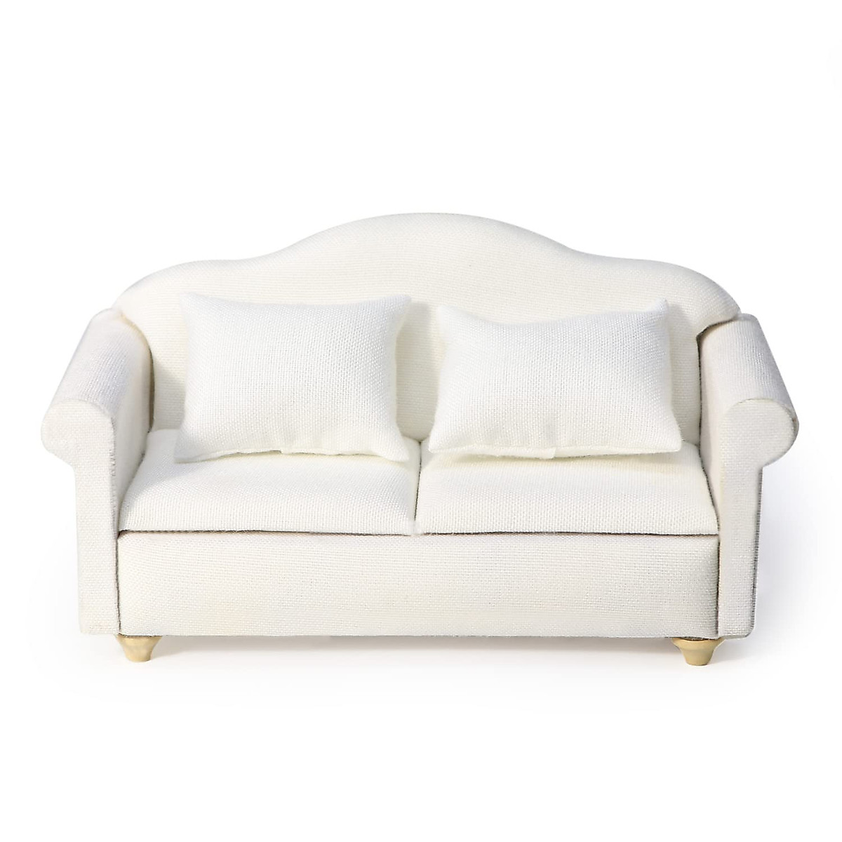 Dollhouse Couch Miniature Furniture Sofa with Pillows for Living Room Desktop Decoration Fabric Sofa Mini Home Scene Accessories Ornament (Double Sofa, White)