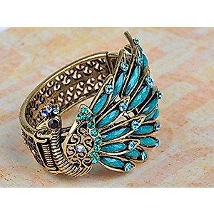 Alilang Womens Antique Golden Tone Peacock Bracelet Bangle With Turquoise Blue Gems, Blue