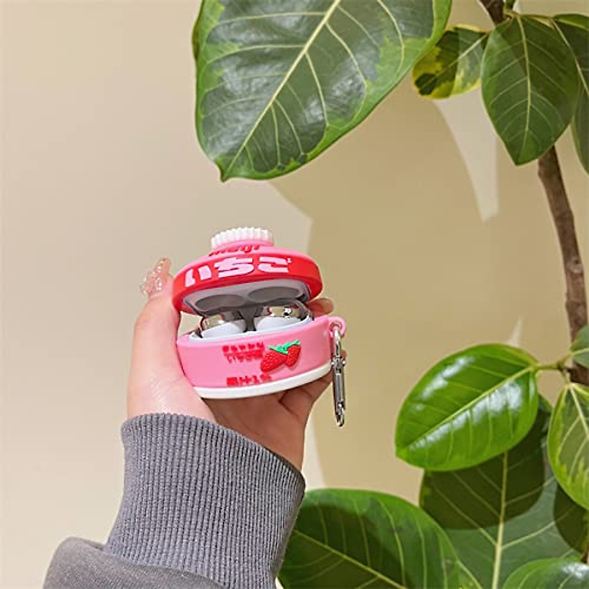 Compatible with Samsung Galaxy Buds2 pro/Buds Live/Buds pro/Buds 2 Charging Box,3D Pink Strawberry Flavor Juice Milk Drink Bottle Silicone Earphone case with Hook