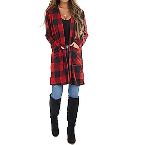 Dressmine Women's Long Sleeve Open Front Cardigan Buffalo Plaid Knitted Maxi Sweater Coat Outwear Red X_Large