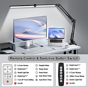 2-in-1 Desk Lamps for Home Office, 24W Large LED Desk Lamp with Remote Control, Double Head Computer Desk Lamp with Sleep Mode, 5 Colors Stepless Dimming Architect Workbench Light with Memory Function