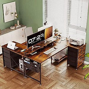 KKL 63 inch L Shaped Computer Desk with USB Charging Port & Power Outlet, L-Shaped Corner Desk with 4 Tier Drawer & Monitor Shelf for Home Office Workstation, Modern Style Writing Table, Vintage