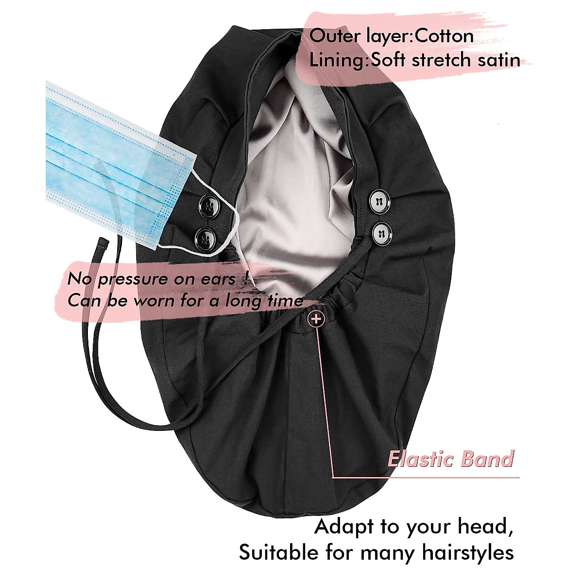 Silk Lined Work Cap with Button for Long Ponytail Hair Women Black