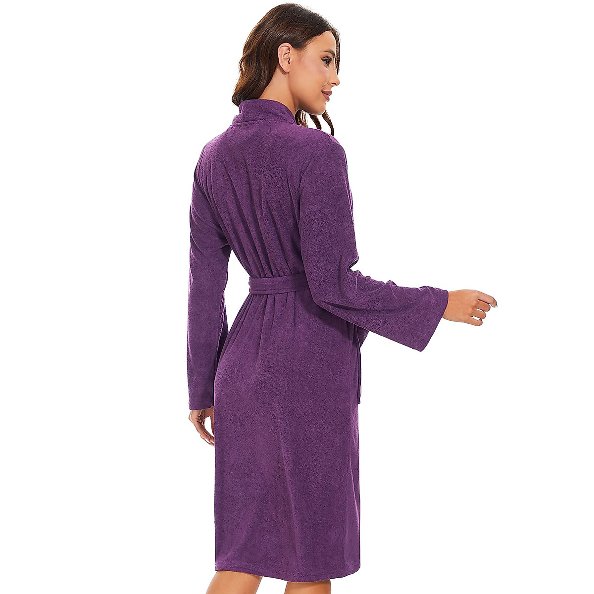 Knuffnee Women Bath Robes Terry Cloth Towel Robe Knee Length Bathrobe with Pockets Purple L
