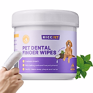 HICC PET Teeth Cleaning Wipes for Dogs & Cats, Remove Bad Breath by Removing Plaque and Tartar Buildup, Disposable Dog Finger Toothbrush Gentle Pet Dental Care Wipes, 50 Counts, (Mint Scent)