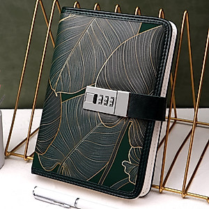 CAGIE Journal with Lock Combination Digital 224 Pages Lockable Secrets Diary, Printed Leaves Design Locking Journal for Adults, 5.1 x 7.4 Inch, Green