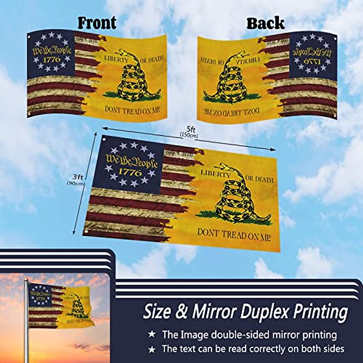 Dont Tread On Me Flag 1776 Flag 3x5 Ft We The People Retro American Flag Polyester Double Sided Mirror Printing Outdoor House Patriotic Banner Decorate