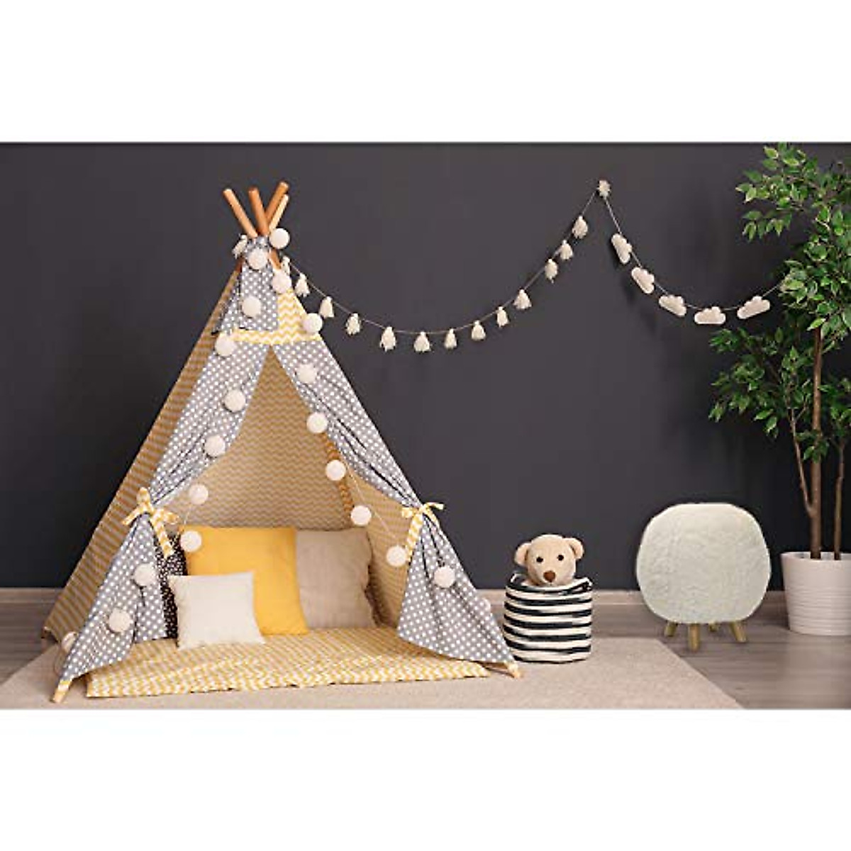 Critter Sitters 19-In. Seat Height Plush White Pouf Ottoman with 4 Spindle Legs, Round Ottoman for Nursery, Bedroom, Vanity, Playroom, and Living Room Decor, Soft and Comfortable Pouf Chair