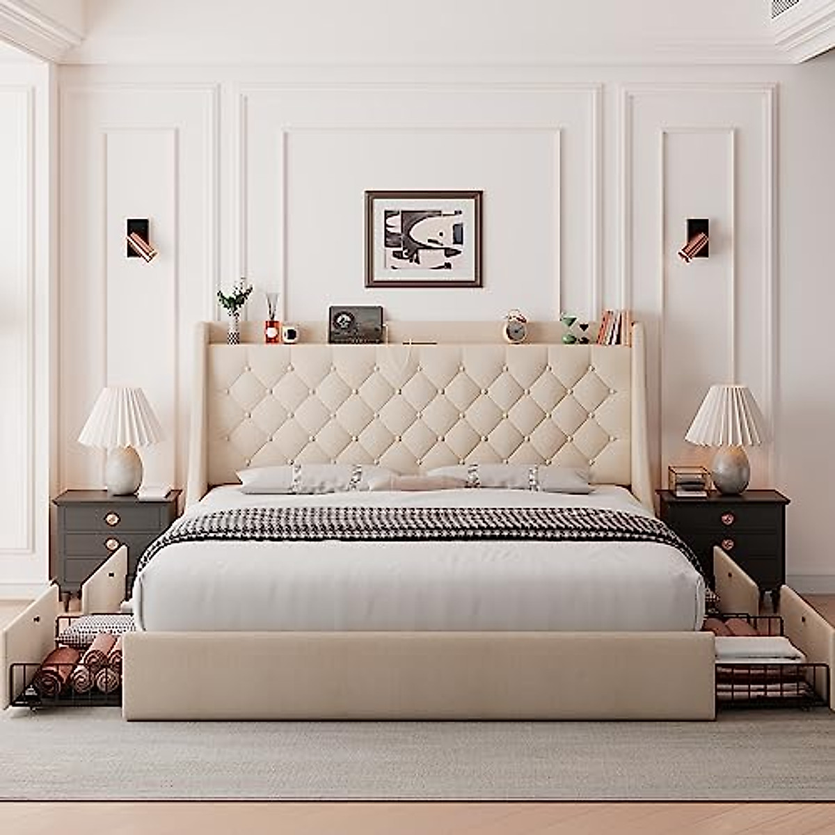Feonase Queen Bed Frame with 4 Storage Drawers, Type-C & USB Port and Charging Station, Upholstered Wingback Headboard and Storage Shelf, No Box Spring Needed, Easy Assembly, Beige