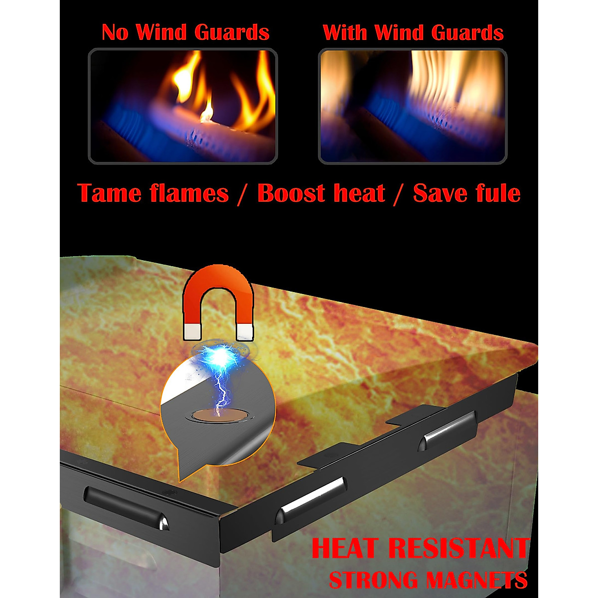 Upgraded Magnetic Wind Guards for Blackstone 28'' Griddle, Blackstone Griddle Accessories, Protect Flame, Hold Heat, Save Gas, Fit with Blackstone Grill Accessories, Black, Stainless Steel