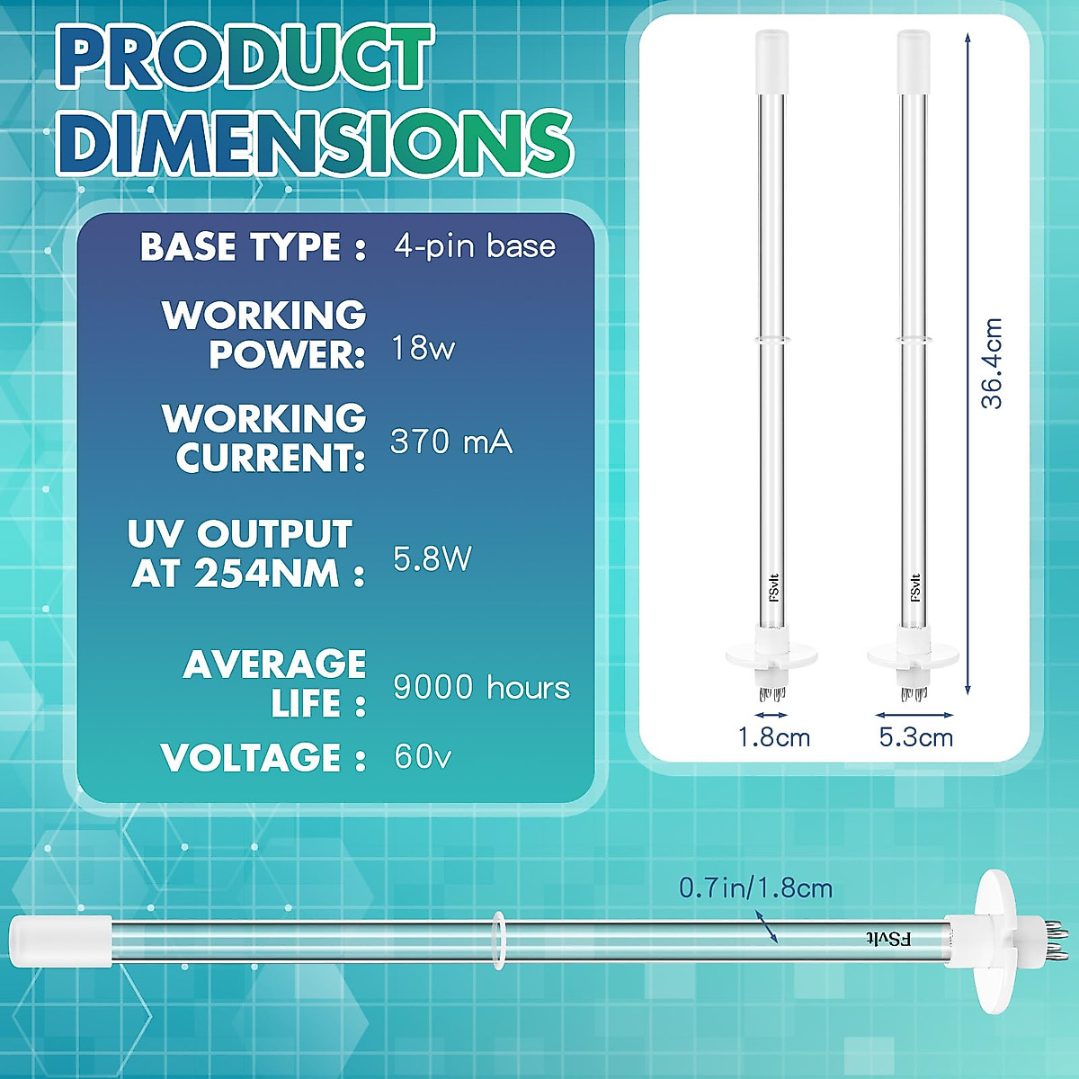 Qualirey 2 Pcs 14" UV Light Replacement Bulb 4 Pin Base UV Lamp 18W UV Light for AC 254NM UV Light 24V, 120V and 220V UV Light Bulb House UV Replacement Bulb for AC HVAC