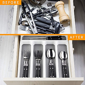 LeMuna Silverware Tray for Drawer, Plastic Cutlery Tray Kitchen Drawer Organizer, 5 Compartment Flatware Cutlery Organizer, Soft-Grip Lining and Non-Slip Rubber Feet