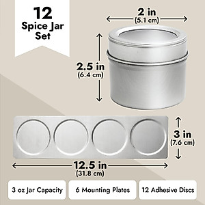 Talented Kitchen 12 Magnetic Spice Jars for Refrigerator with 3 Metal Wall Bases, 269 Preprinted Seasoning Labels, 2 Styles, 1 Cooking Conversion Chart, for 3 oz Containers