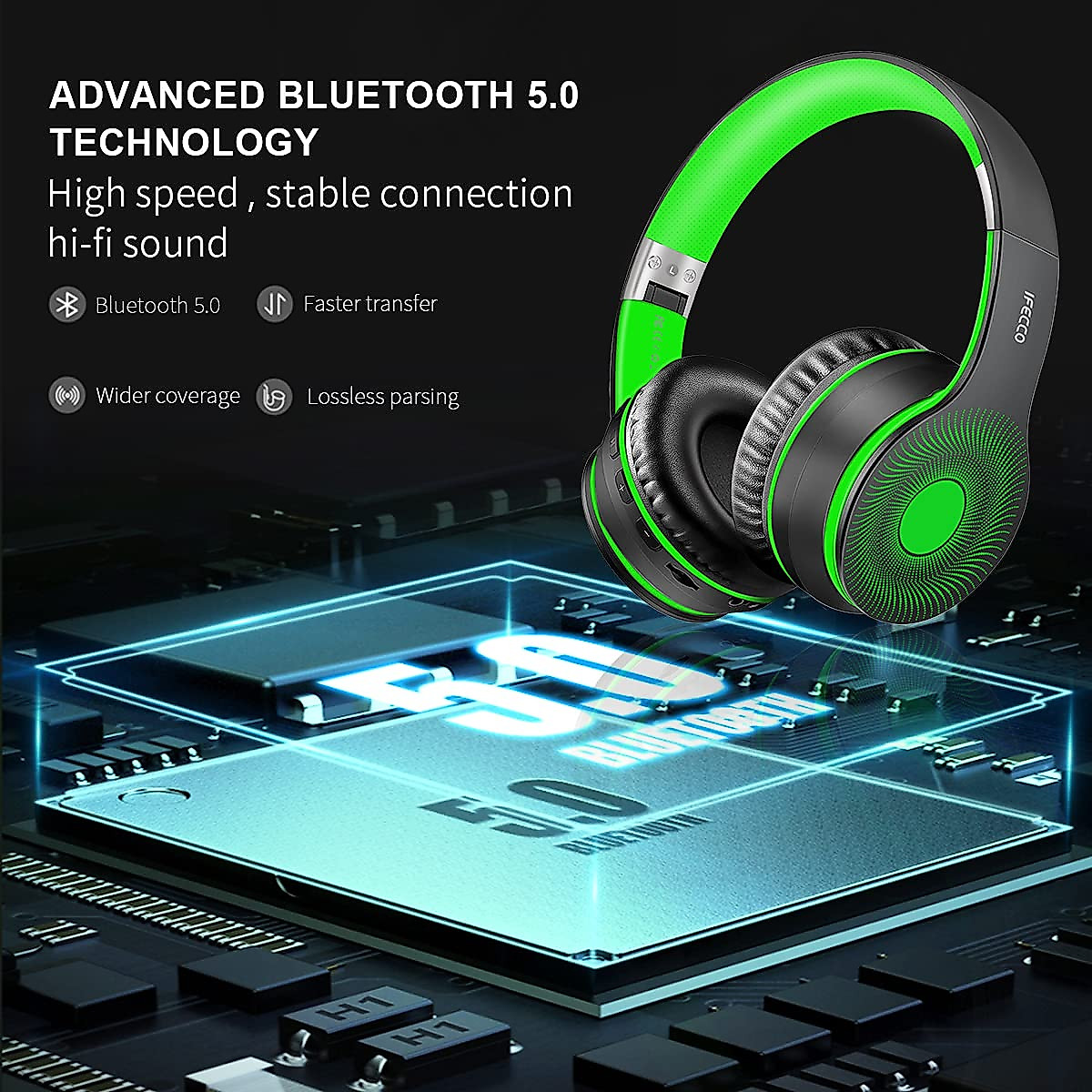 IFECCO Wireless Bluetooth Headphones Over Ear with Build-in Microphone and 3.5mm Cable for Wired Headset Mode with Comfortable Soft Earpads Long Battery Life HD Stereo Sound (Green)
