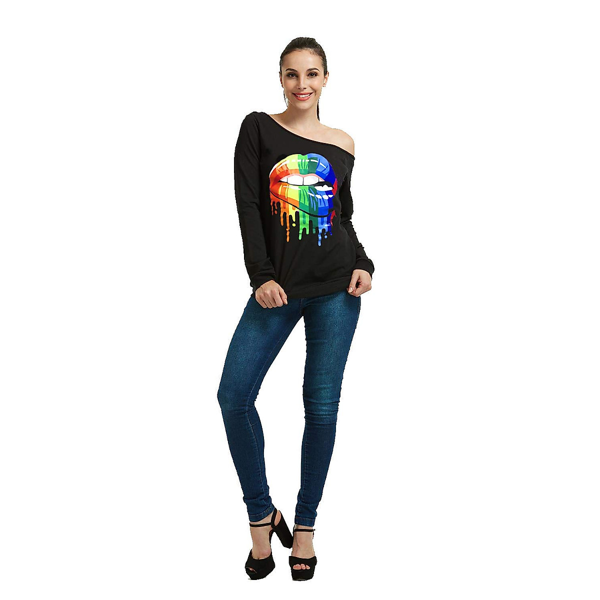 MAGICMK 80s Outfit for Women,Off Shoulder Long Sleeve,80s Outfit Sweatshirt Slouchy Printed Neon Long Tunics Top for Party (4XL)