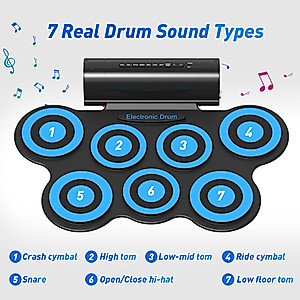 KONIX Electronic Drum Pad for Kids - 7 Pads Roll Up Electric Drum Kit Rechargeable - Digital Drum Sets with Headphone Jack, Speaker, Pedals, Demo Songs, MP3 USB Port, Sticks - Blue