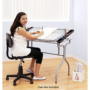 Studio Designs Folding Modern Glass Top Adjustable Drafting Table Craft Table Drawing Desk Hobby Table Writing Desk Studio Desk, 35.25" W x 23.75" D, Silver / Blue Glass