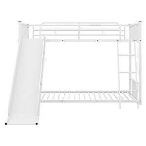 BOVZA Twin Over Twin Low Bunk Bed with Slide, Metal Bunk Bed Frame with Metal Slats Support and Guardrails for Kids Boys Girls Teens, No Box Spring Needed, White