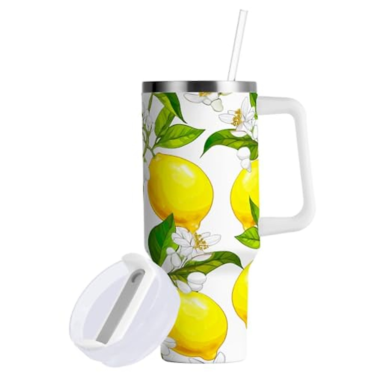RPLIFE Bright Yellow Lemons White 40 Oz Tumbler, Stainless Steel Tumbler with Straw, Tumblers for Women