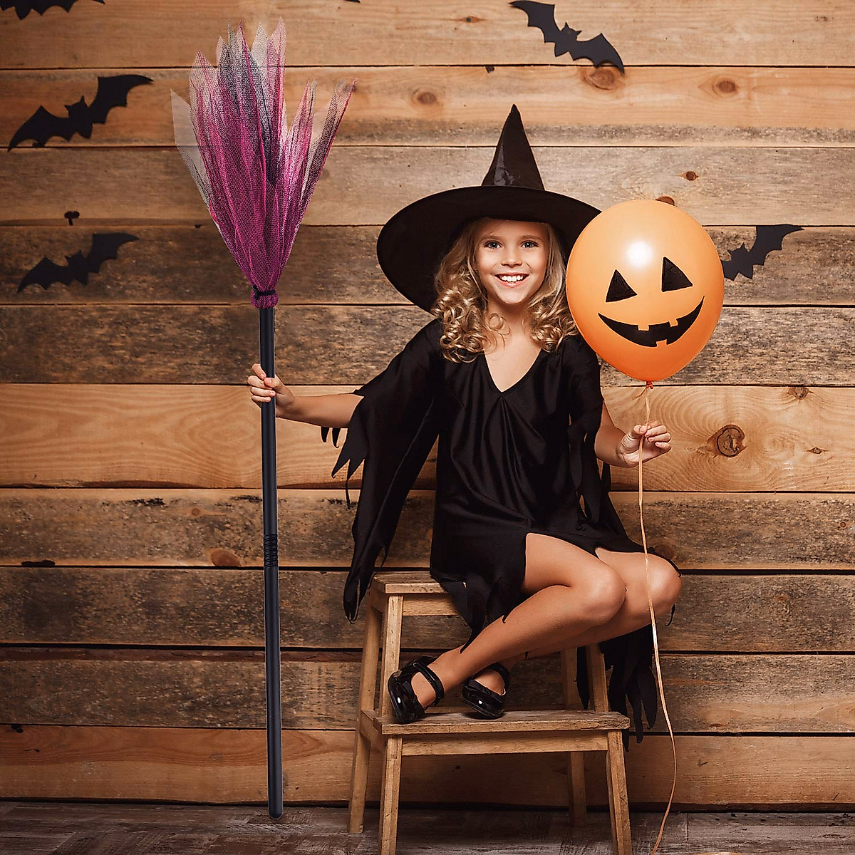 FEPITO 4 Pcs Halloween Witch Broom Wicked Witch Costume Accessories Witch Decorations Broomstick for Halloween Costumes Party