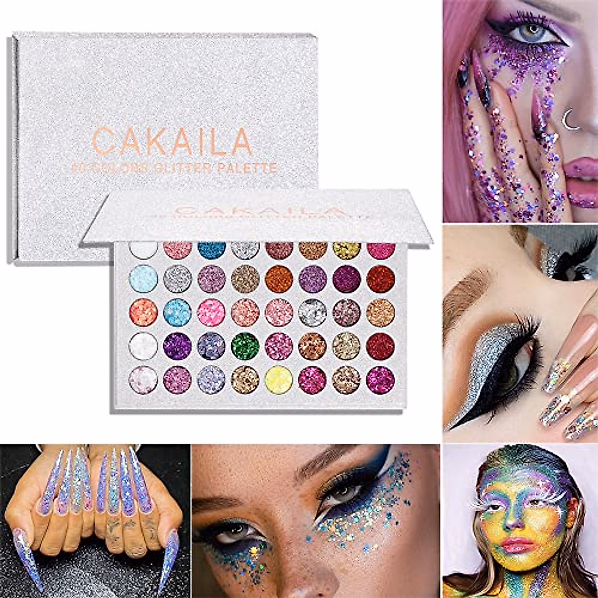 MEICOLY Glitter Eyeshadow Palette, 40 Colors Pressed Pigmented Mineral Ultra Shimmer Sequined Face Paint Glitter Palette, Self Adhesive Glitter Glue Pallete Eye Shadow Make up Pallets for Women