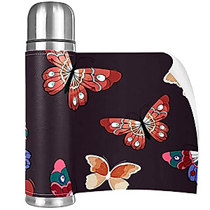 Stainless Steel Leather Vacuum Insulated Mug Butterfly Thermos Water Bottle for Hot and Cold Drinks Kids Adults 16 Oz