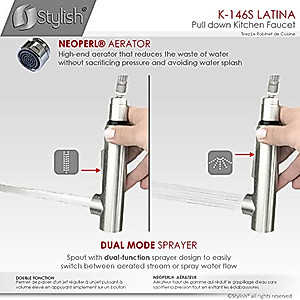 STYLISH Modern Kitchen Sink Faucet Single Handle Pull Down Dual Mode 100% Solid Stainless Steel Brushed Stainless Steel Finish, K-146S