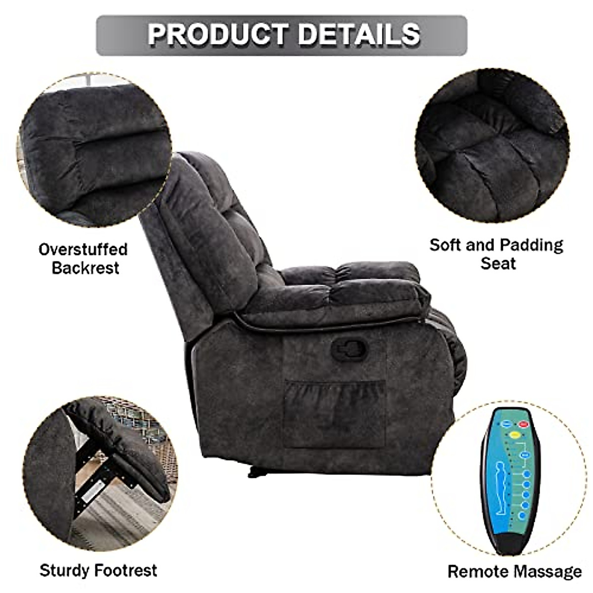 ANJHOME Overstuffed Massage Recliner Chairs with Heat and Vibration, Soft Fabric Single Manual Reclining Chair for Living Room Bedroom (Grey)