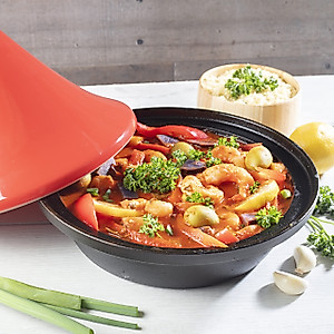 Tagine Moroccan Cast Iron 4 qt Cooker Pot with Recipe Book, Caribbean One-Pot Tajine Cooking, Enameled Ceramic Lid- 500 F Oven Safe Dish w Large Capacity, Cone Shaped Lid, Cookware Gift
