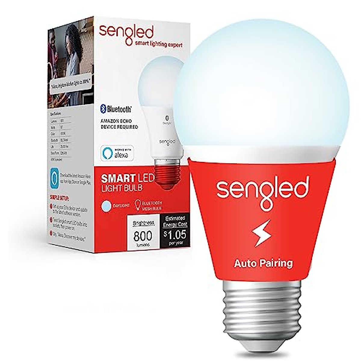 Sengled Alexa Light Bulb, S1 Auto Pairing with Alexa Devices, Smart Light Bulbs that Work with Alexa, Bluetooth Mesh Smart Home Lighting, Daylight 5000K, E26 60W Equivalent, 800LM, 1-Pack